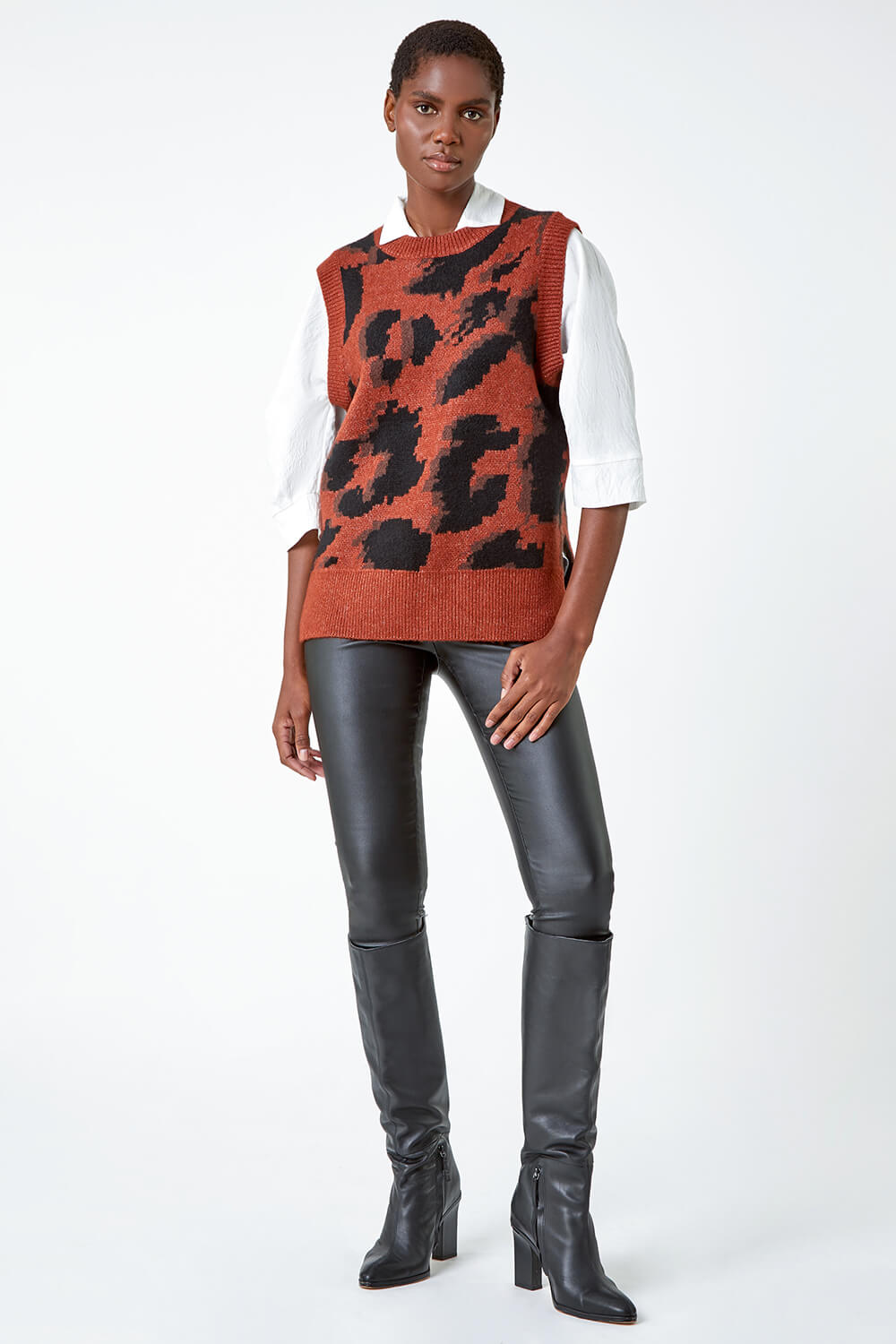 Rust Animal Print Knitted Stretch Vest | Roman UK