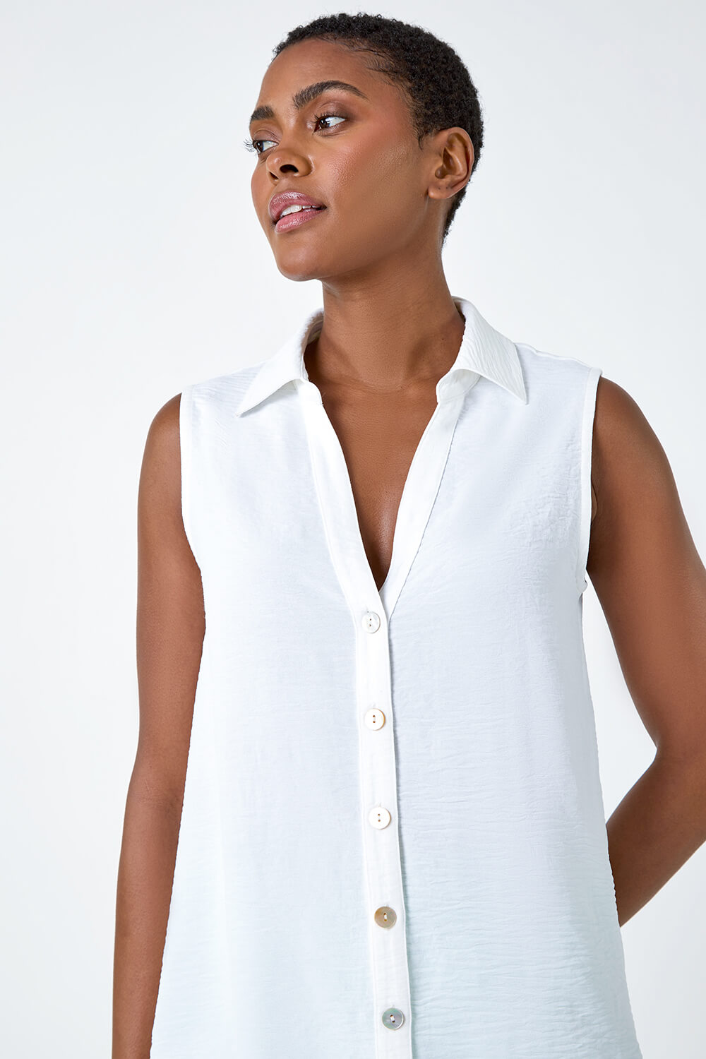 Ivory Sleeveless Button Through Top | Roman UK
