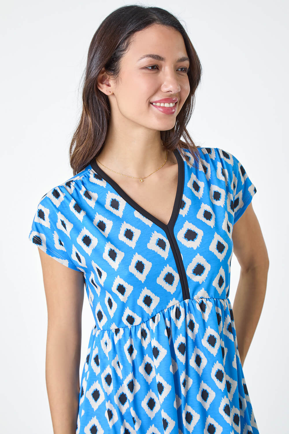 Blue Contrast Geometric Print Stretch Dress | Roman UK