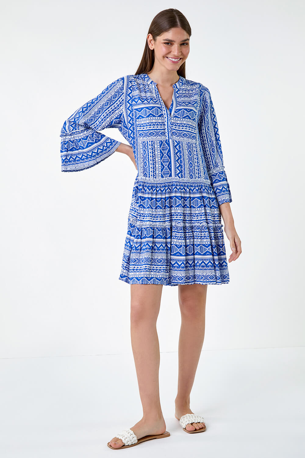 Royal Blue Aztec Print Frill Smock Dress | Roman UK