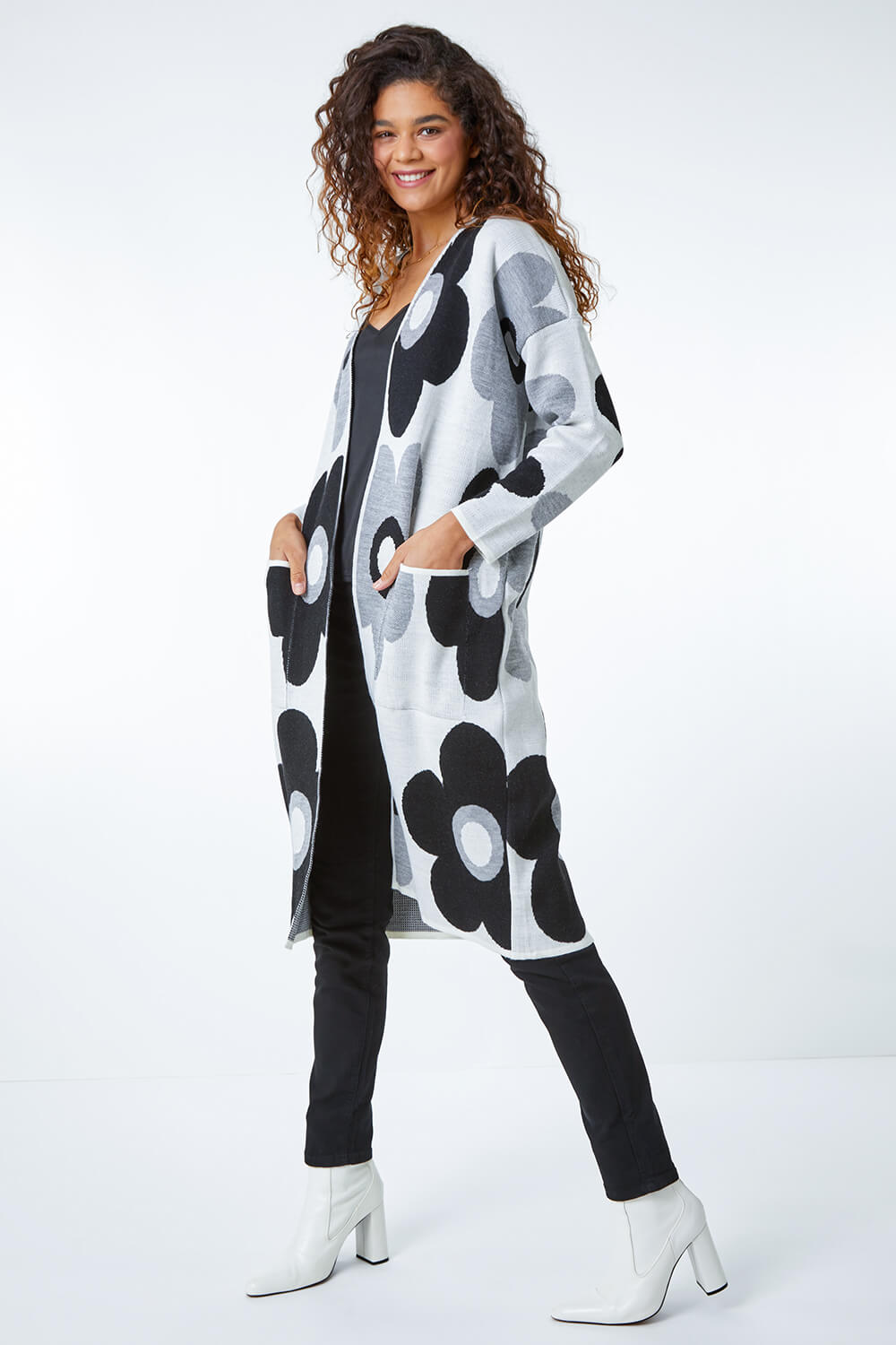 Floral Print Longline Coatigan in Light Grey - Roman Originals UK