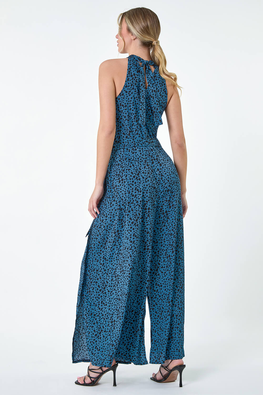 Royal Blue Spot Halter Neck Side Split Jumpsuit | Roman UK