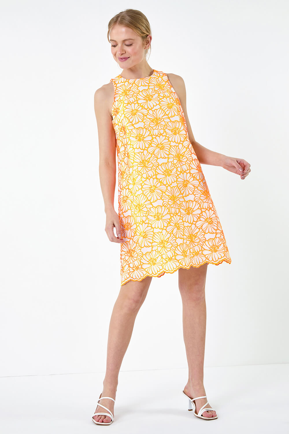 Orange Floral Embroidered Cotton Shift Dress | Roman UK