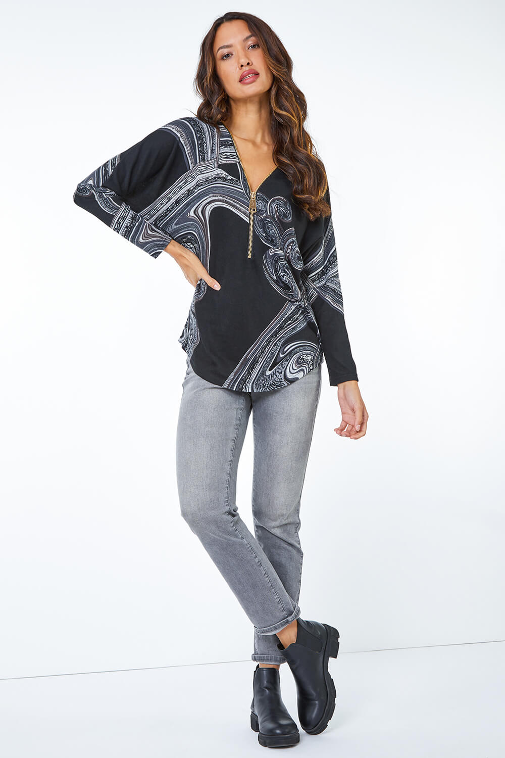 Swirl Print Zip Detail Top in Black - Roman Originals UK
