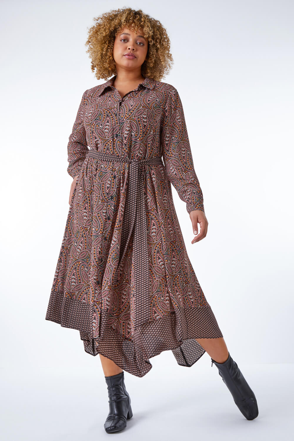Curve Paisley Print Stretch Shirt Dress in Natural - Roman Originals UK