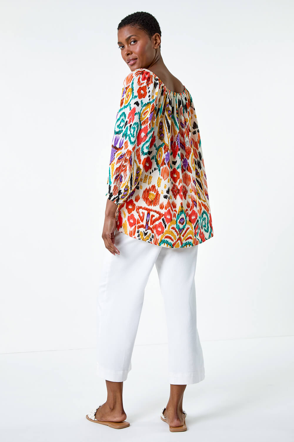 Orange Aztec Print Stretch Bardot Top | Roman UK