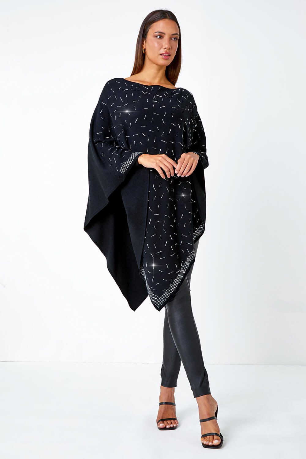 Black Embellished Knitted Poncho | Roman UK