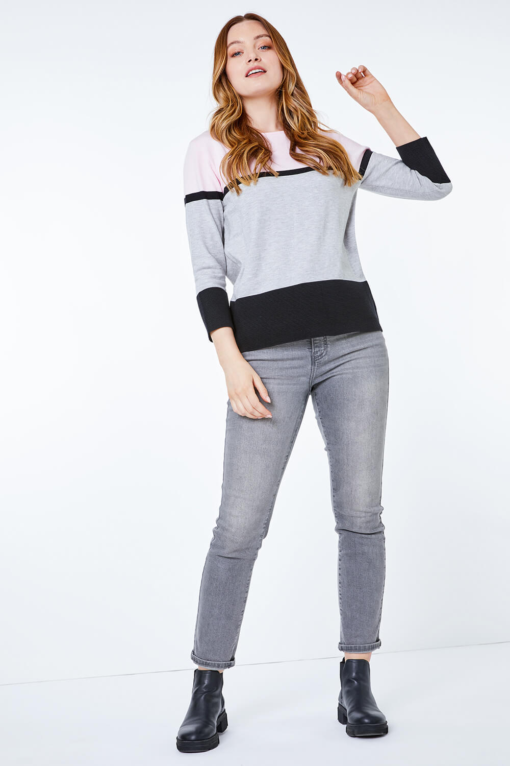 Colour Block Ribbed Jumper in Pink - Roman Originals UK