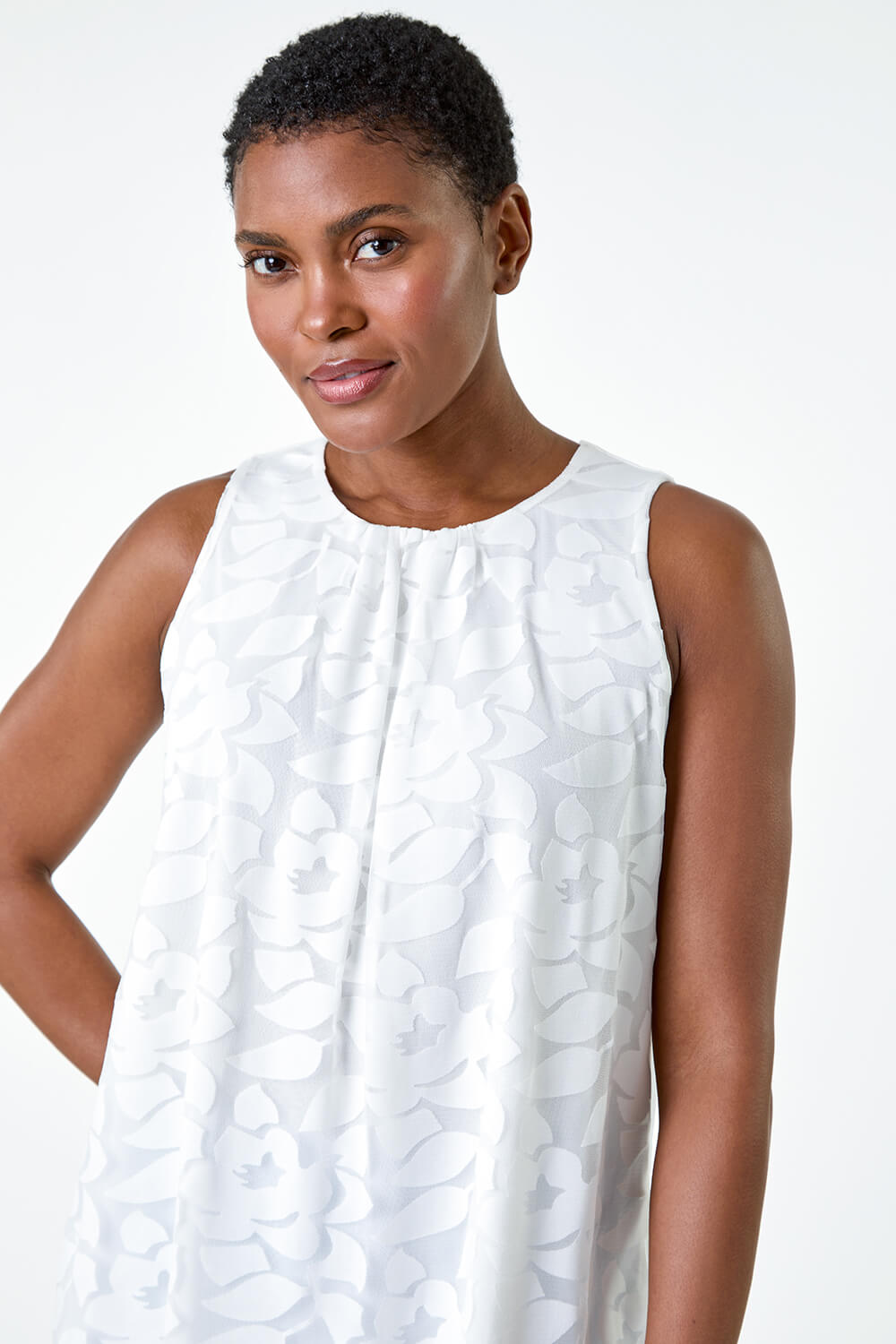 Ivory Sleeveless Textured Floral Print Top | Roman UK