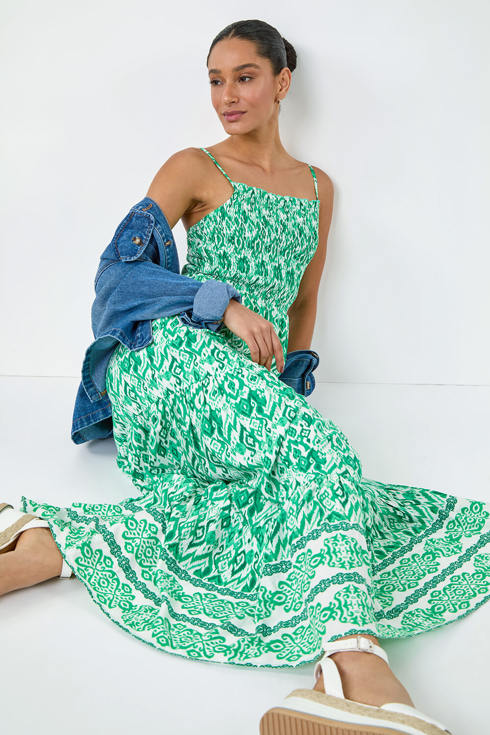 Green Aztec Border Print Shirred Maxi Dress | Roman UK