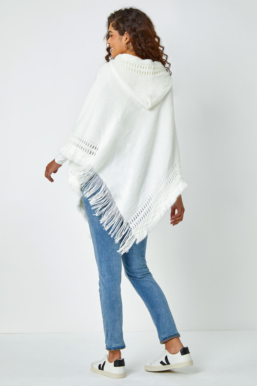 Ivory Hooded Fringed Knitted Poncho | Roman UK
