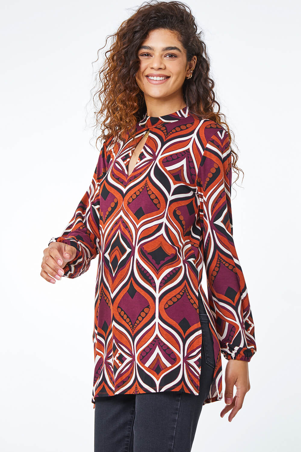 Abstract Print Keyhole Detail Tunic Top in Rust - Roman Originals UK