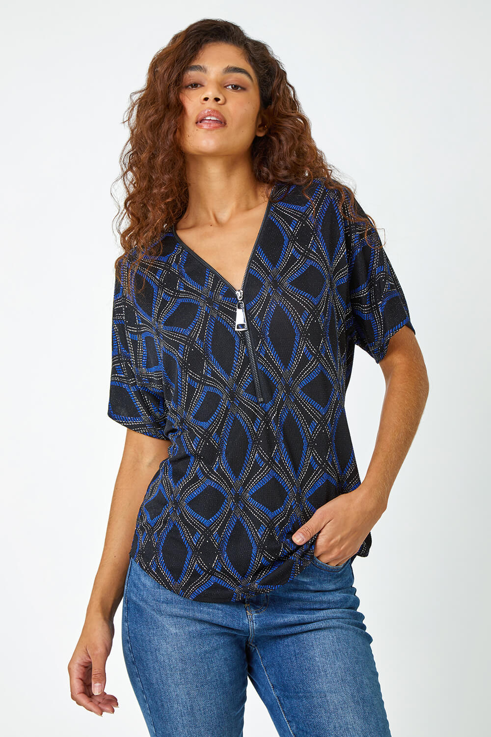 Blue Geometric Glitter Print Zip Stretch Top | Roman UK