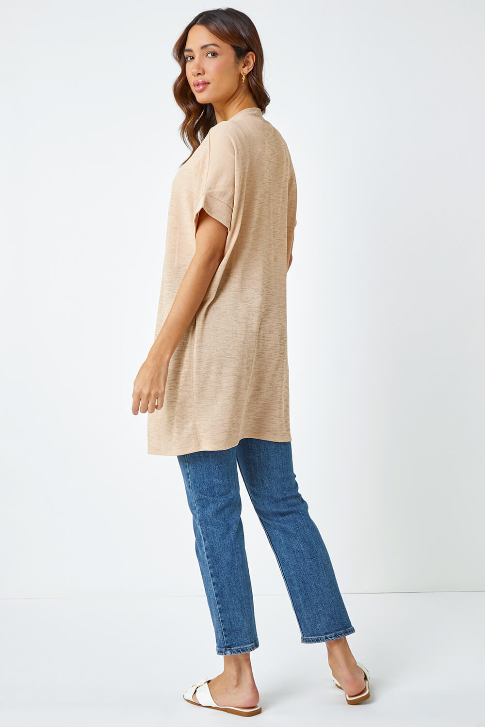 Stone Short Sleeve Longline Cardigan | Roman UK