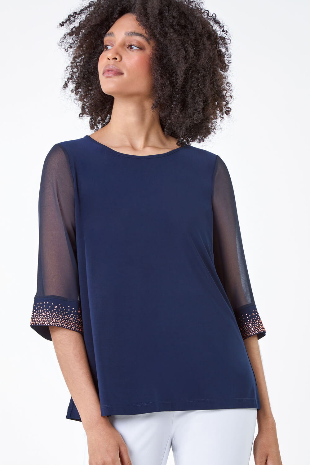 Midnight Blue Sparkle Embellished Cuff Chiffon Top | Roman UK