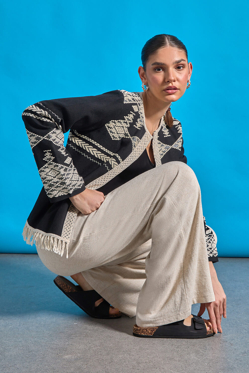 Black Cotton Blend Aztec Fringe Detail Jacket | Roman UK