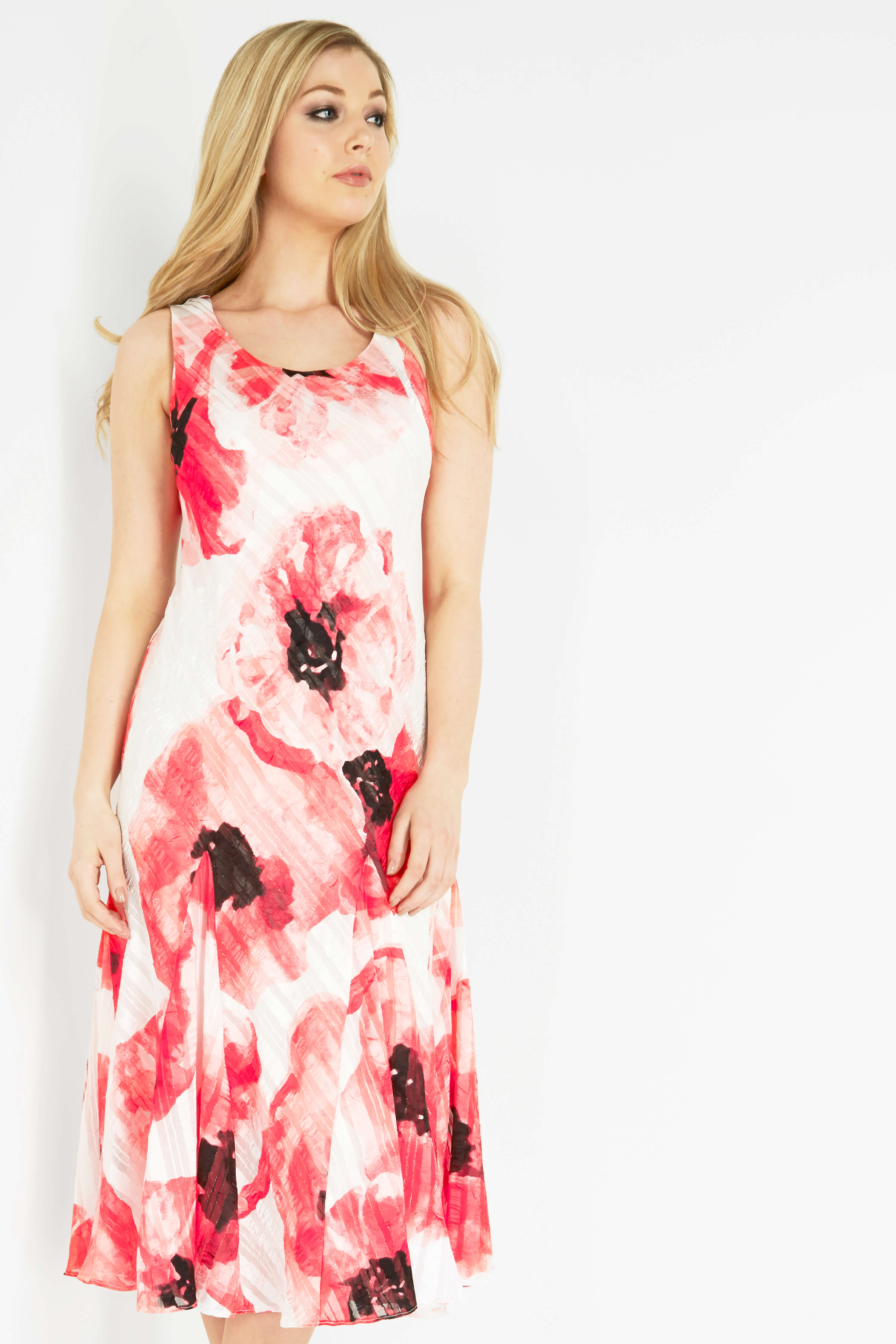 Satin Poppy Print Dress in Coral - Roman Originals UK