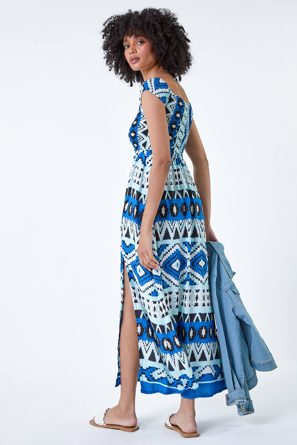 Blue Aztec Shirred Bardot Maxi Dress | Roman UK