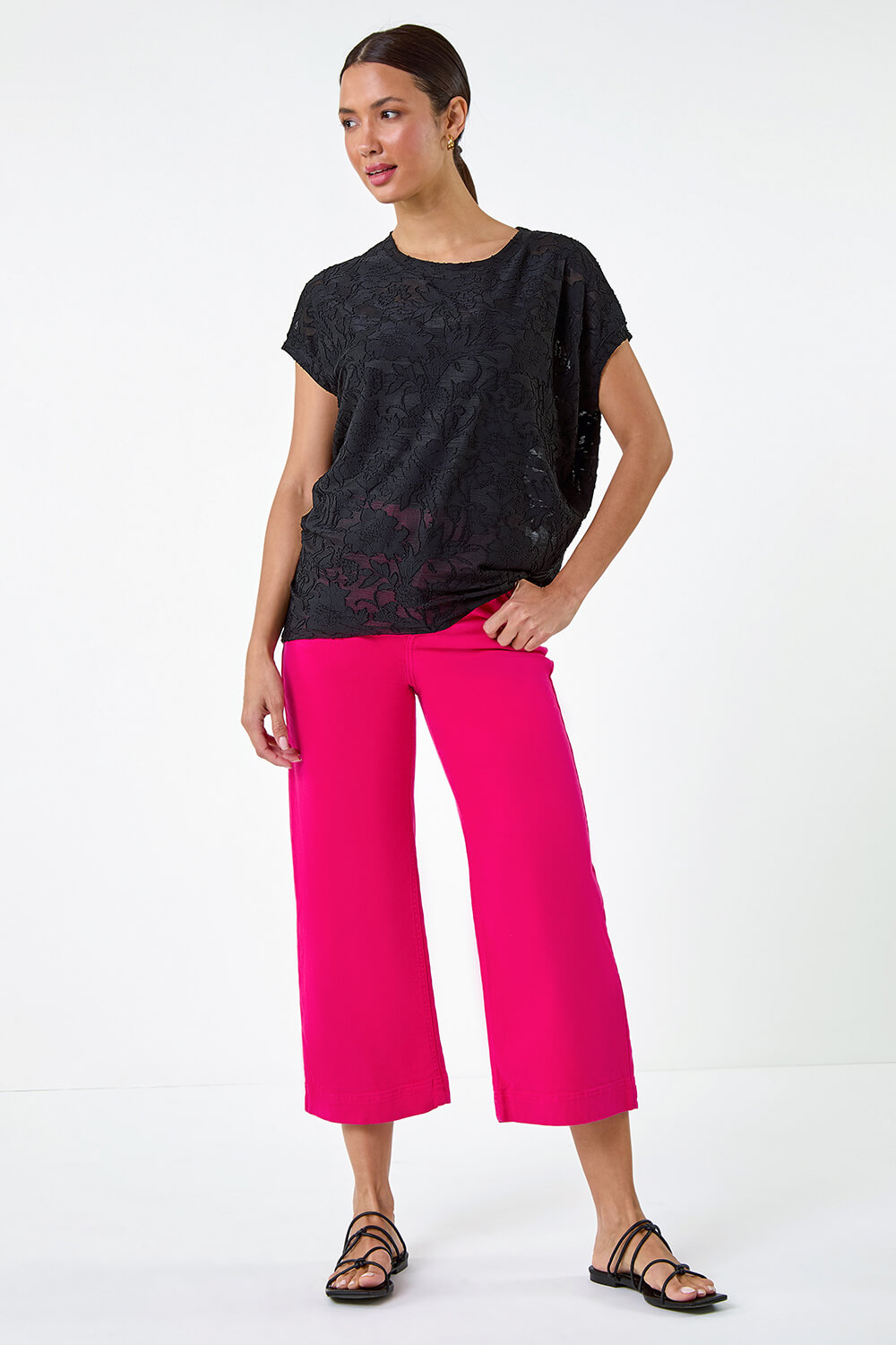 Black Textured Floral Stretch Cocoon Top | Roman UK