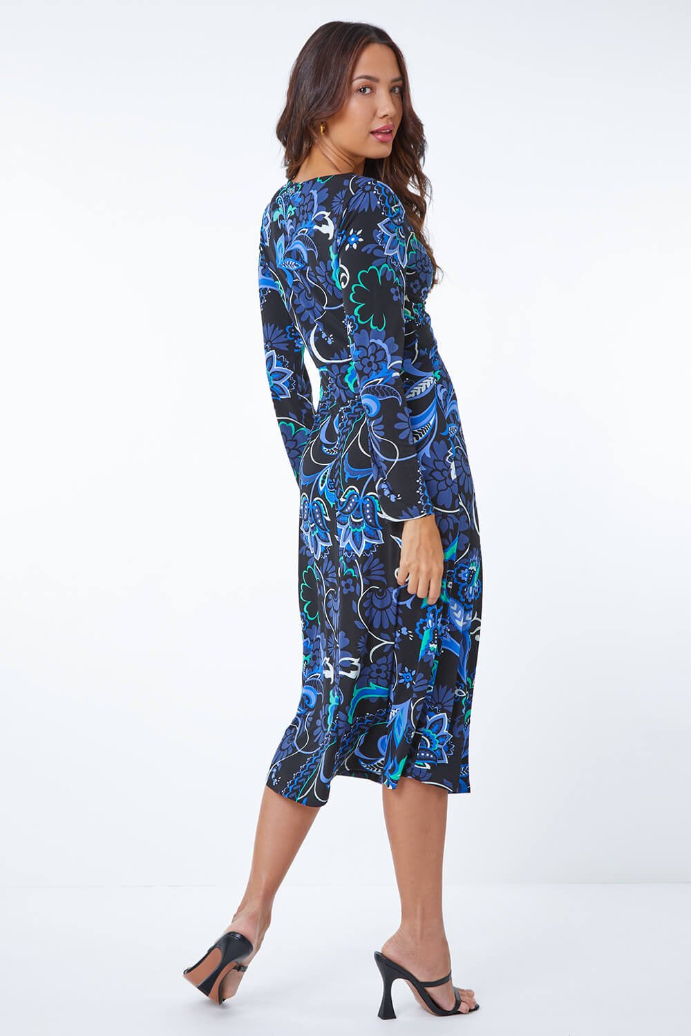 Floral Print Twist Detail Midi Dress in Blue - Roman Originals UK