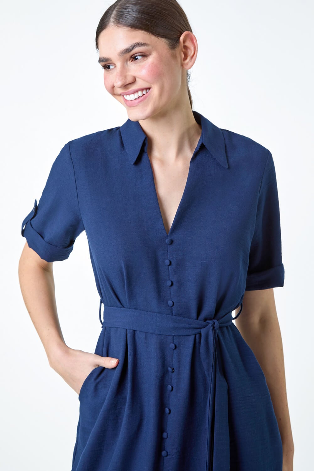 Navy Textured Belted Midi Shirt Dress | Roman UK