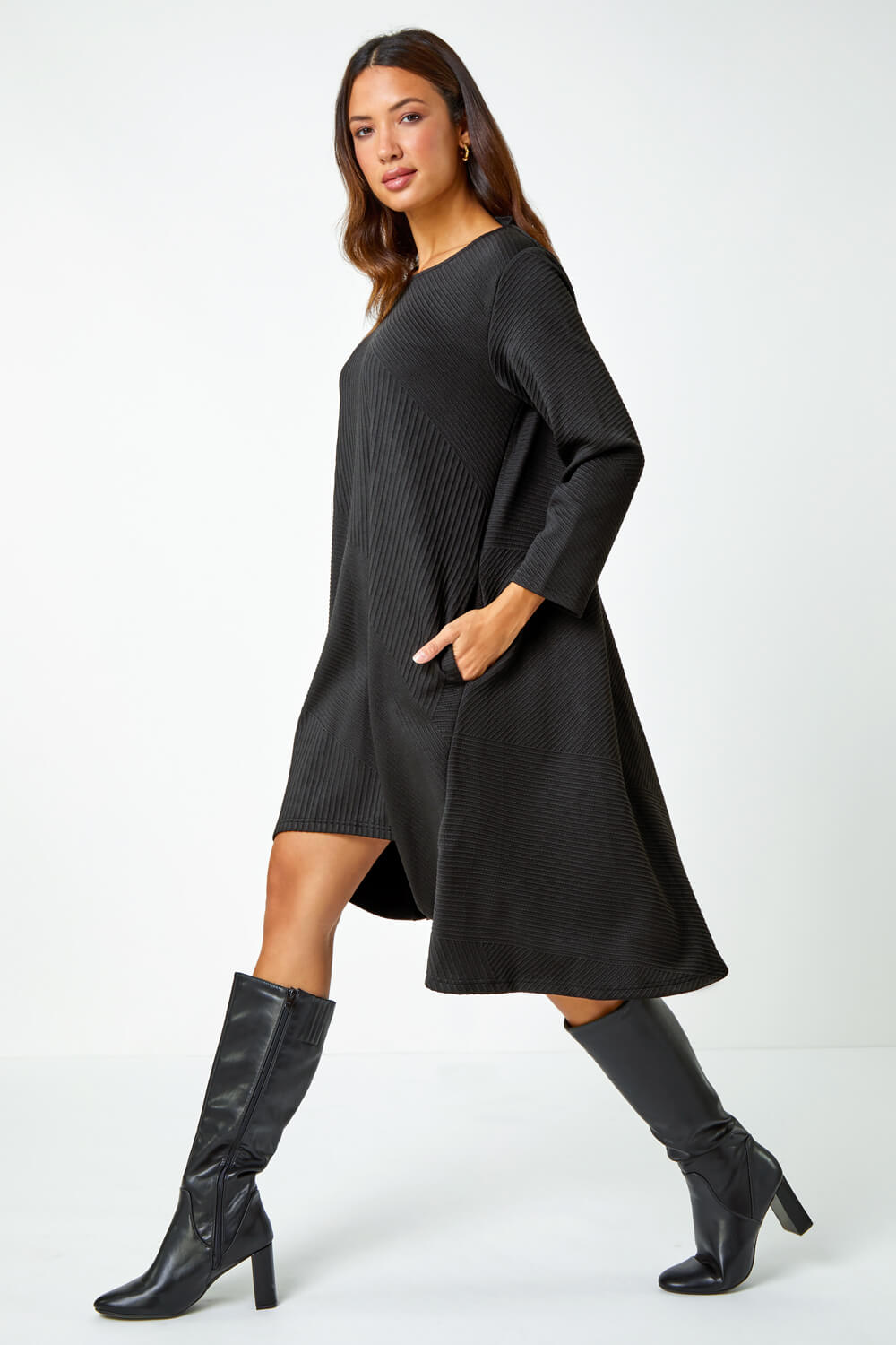Black Ribbed Asymmetric Stretch Dress | Roman UK