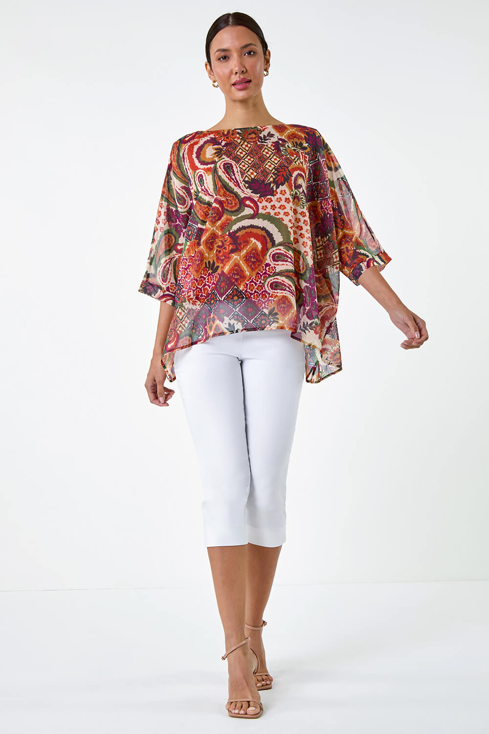 Rust Aztec Print Chiffon Overlay Top | Roman UK