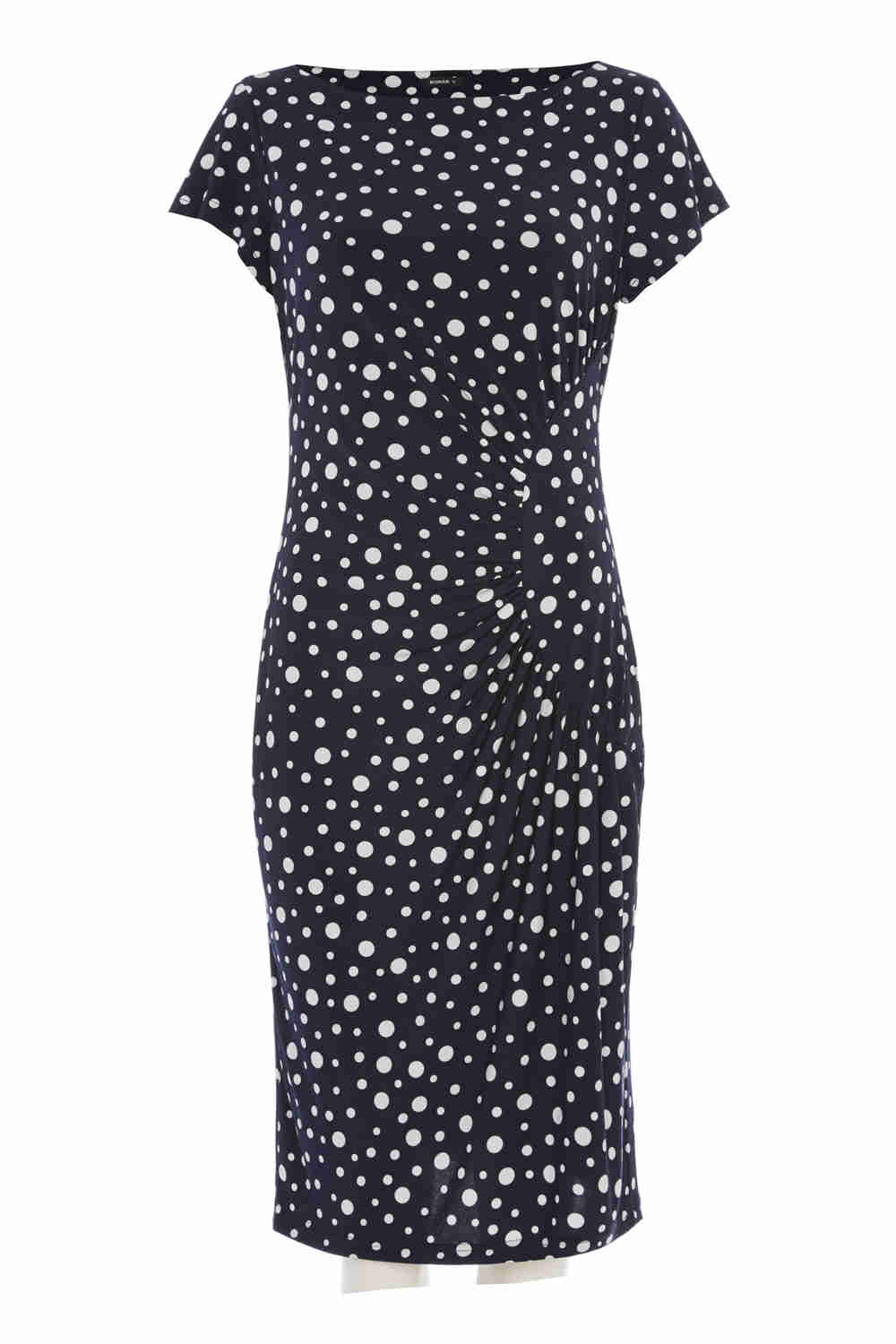 Spotty Side Ruched Jersey Dress in Navy - Roman Originals UK