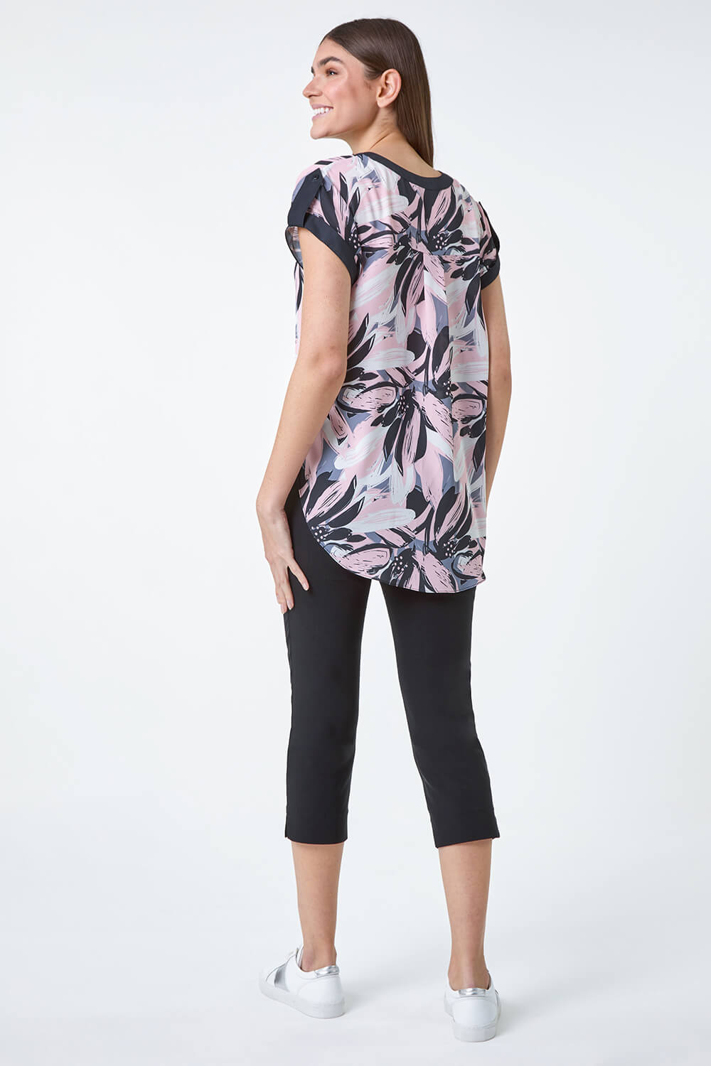 Light Pink Abstract Floral Print Contrast Trim Top | Roman UK