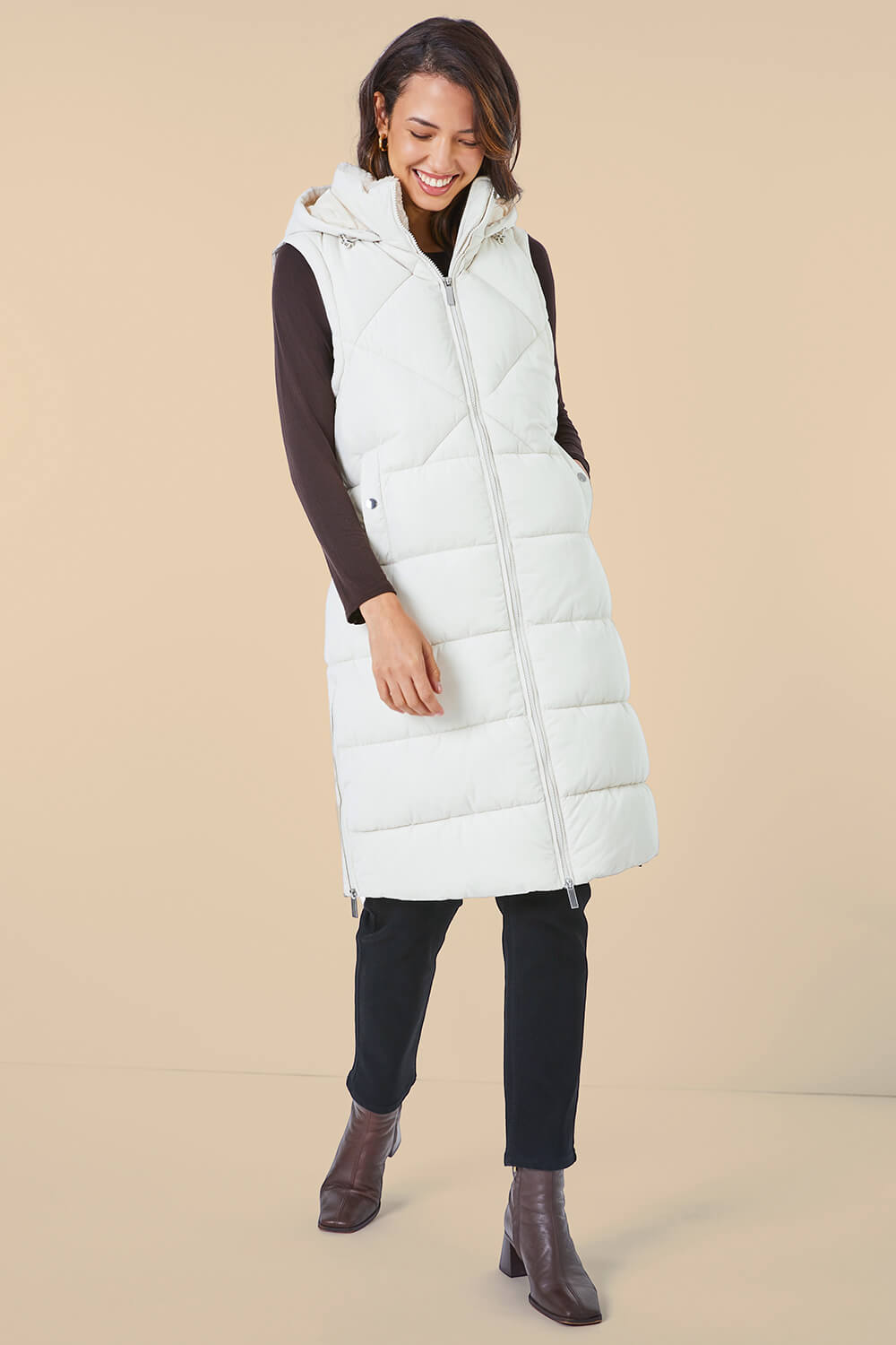 Longline Quilted Borg Neck Gilet in Ivory - Roman Originals UK