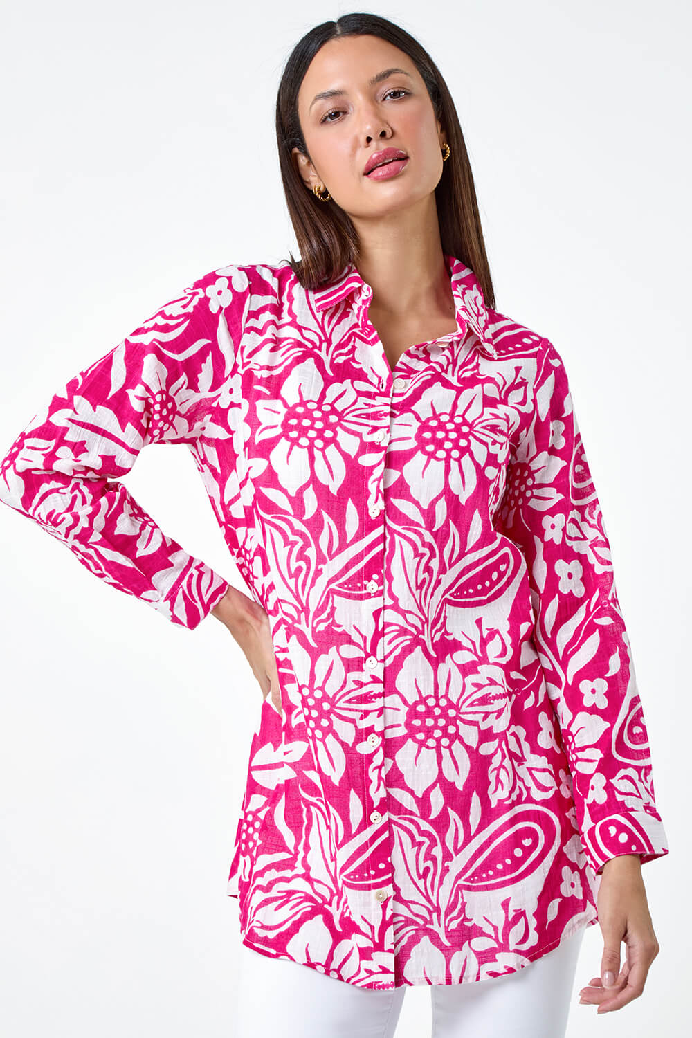 Cerise Floral Print Longline Cotton Shirt | Roman UK