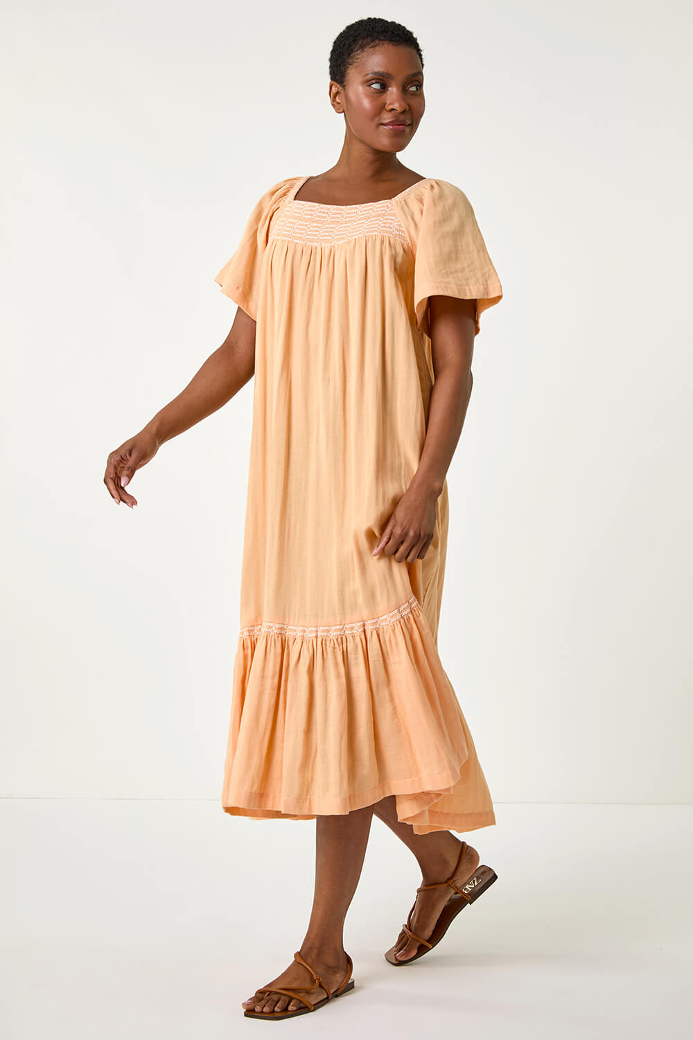 Orange Embroidered Cotton Midi Smock Dress | Roman UK
