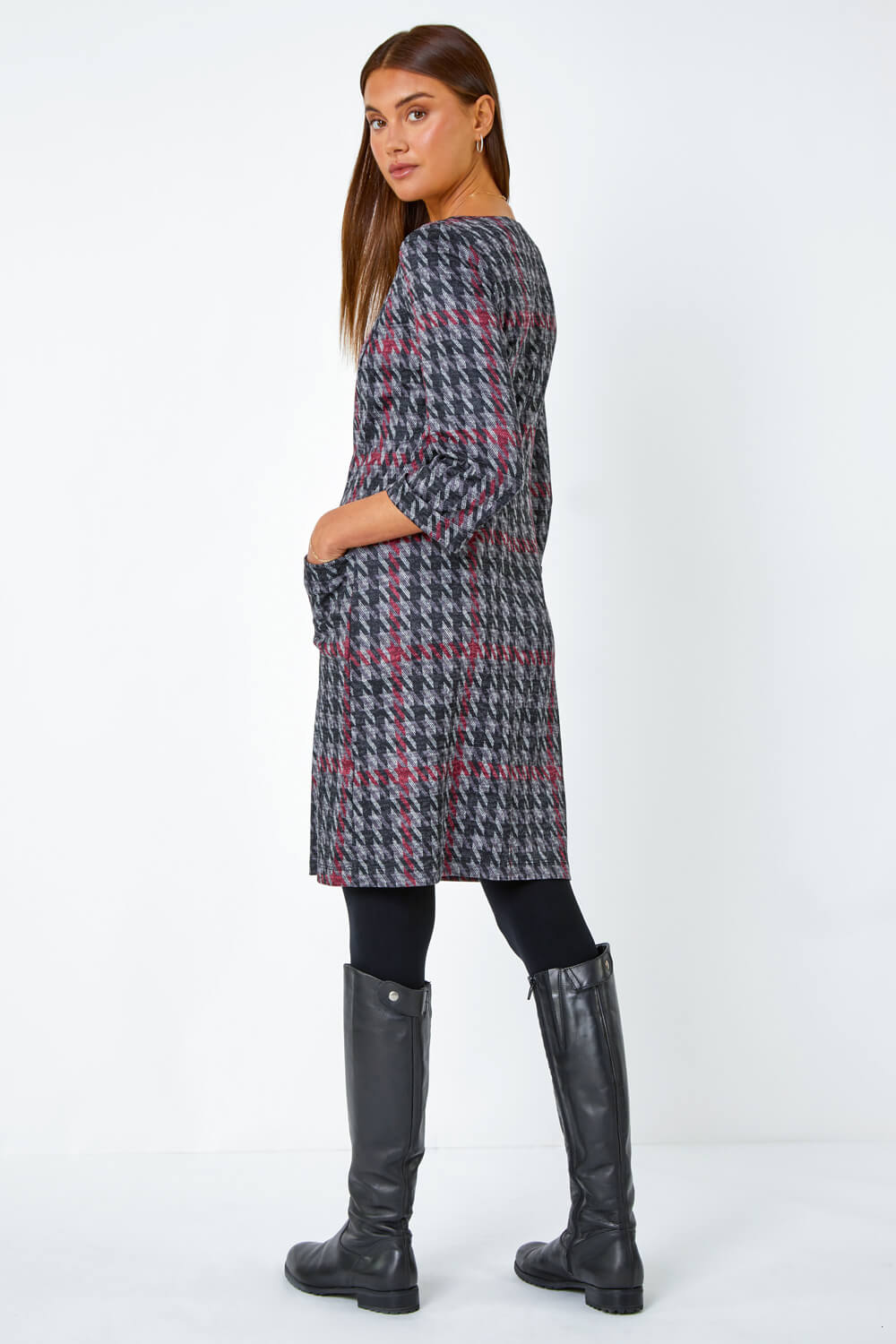 Red Houndstooth Pocket Shift Stretch Dress | Roman UK