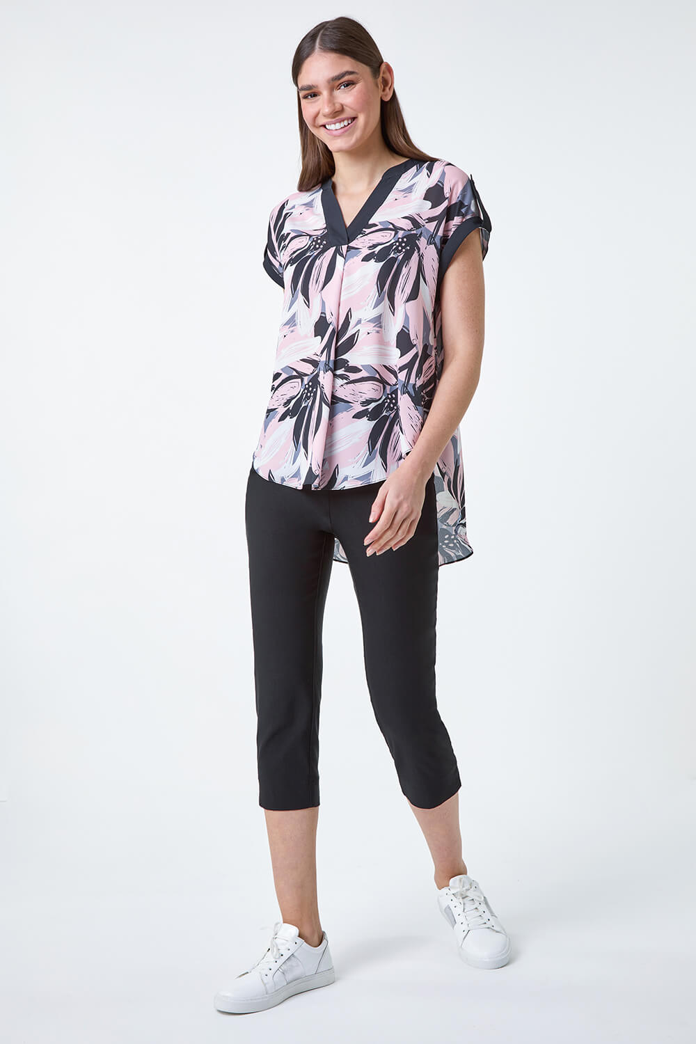 Light Pink Abstract Floral Print Contrast Trim Top | Roman UK