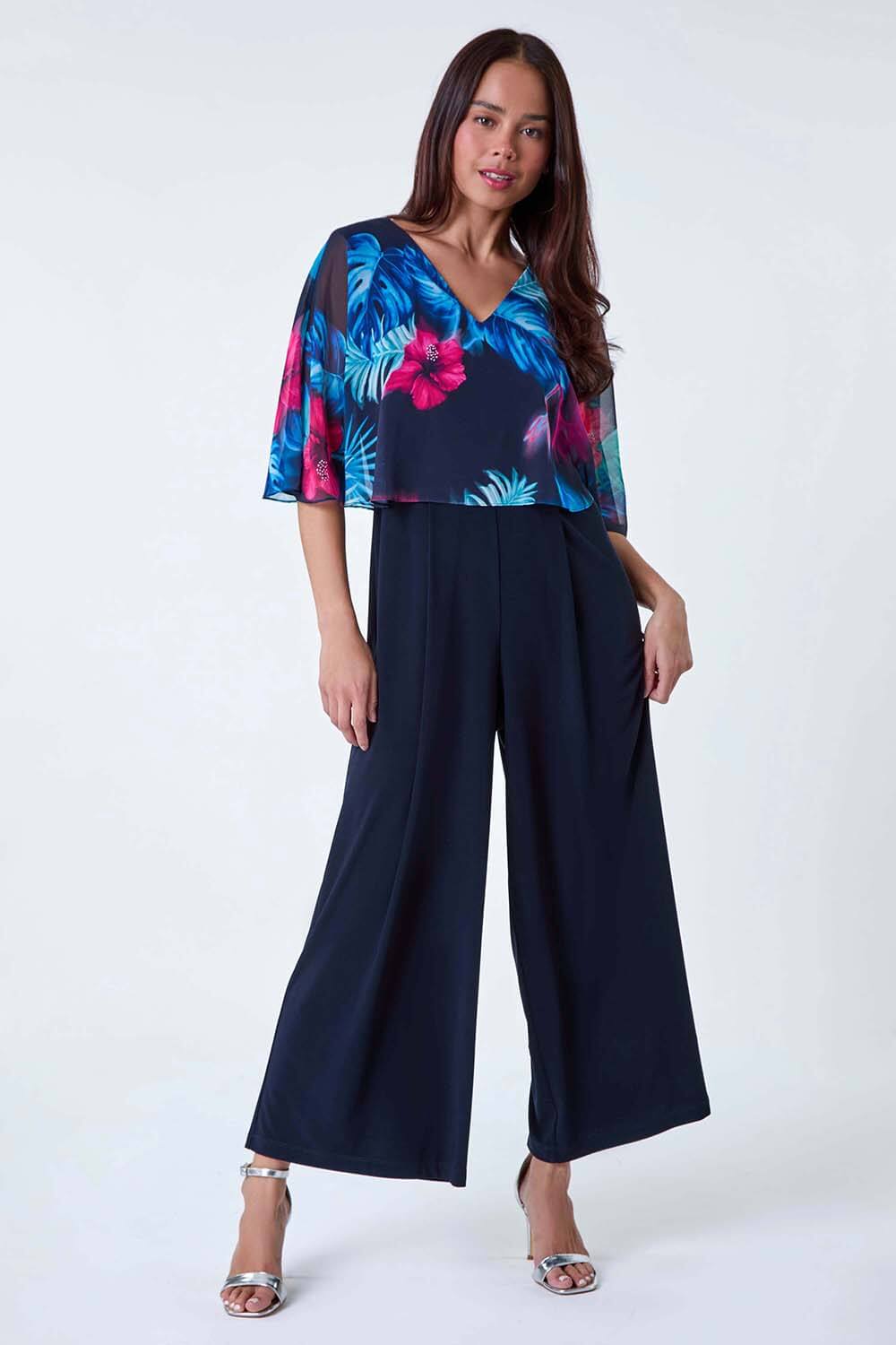 Navy Petite Tropical Chiffon Overlay Jumpsuit | Roman UK