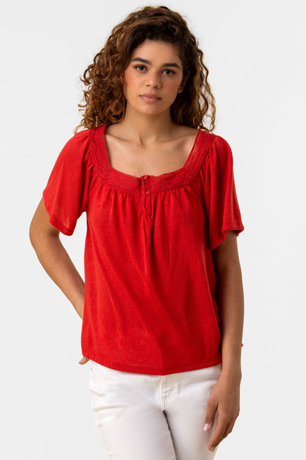Lace Detail Square Neck Top in Red - Roman Originals UK