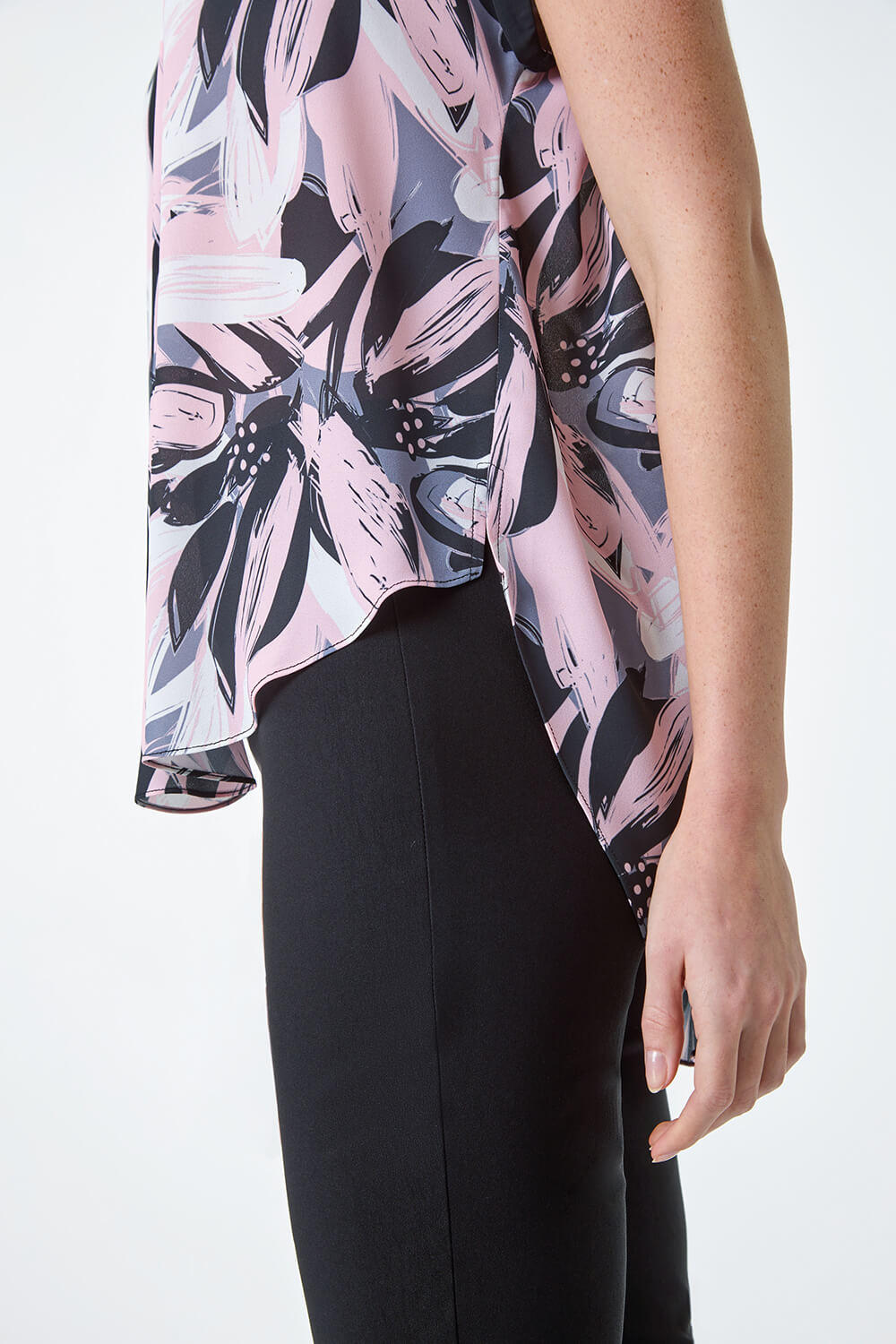 Light Pink Abstract Floral Print Contrast Trim Top | Roman UK