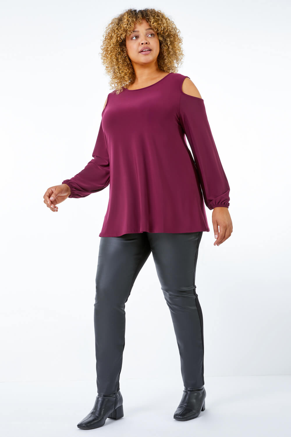 Curve Cold Shoulder Stretch Top In Wine Roman Originals Uk