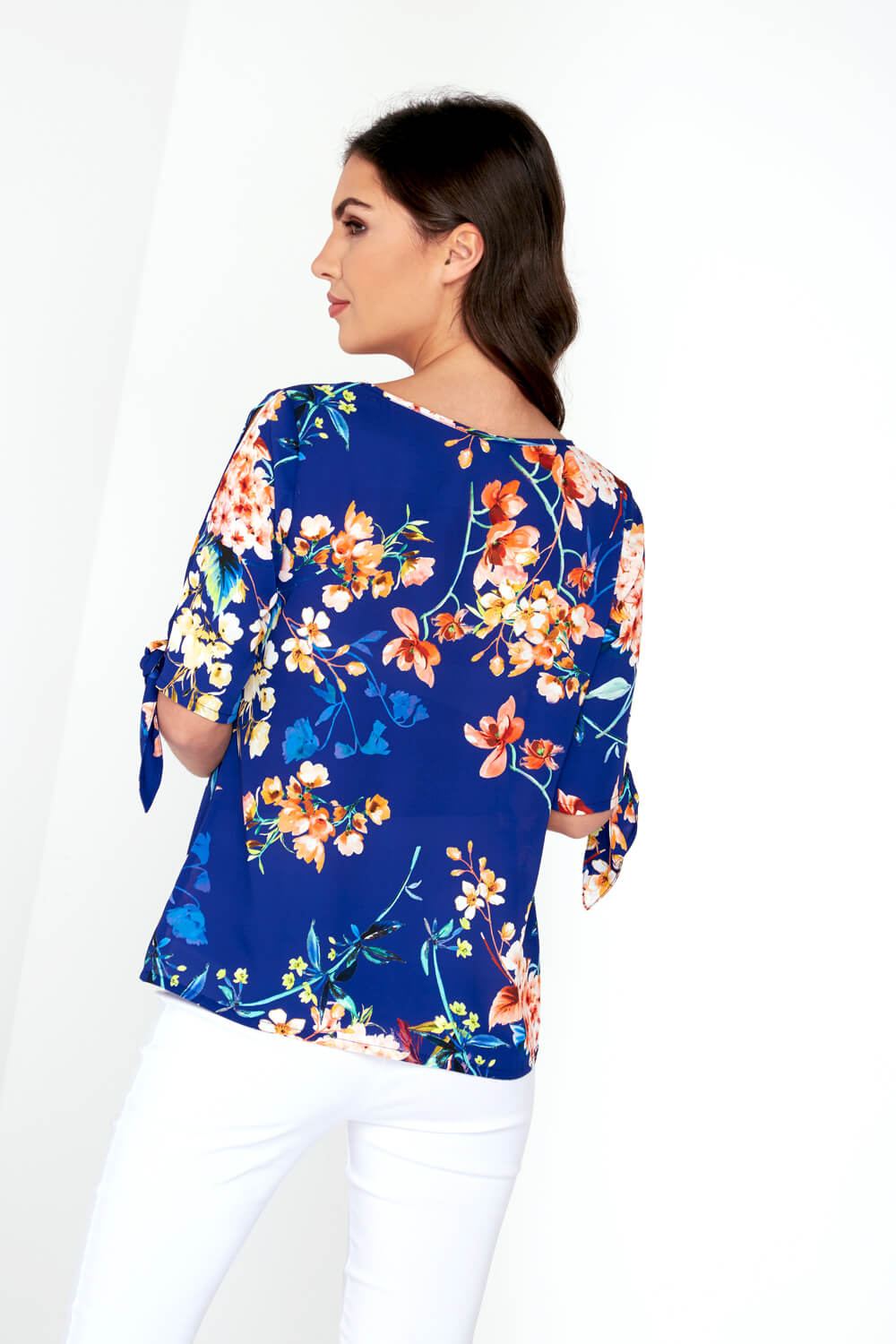 Floral Print Split Sleeve Top in Royal Blue - Roman Originals UK