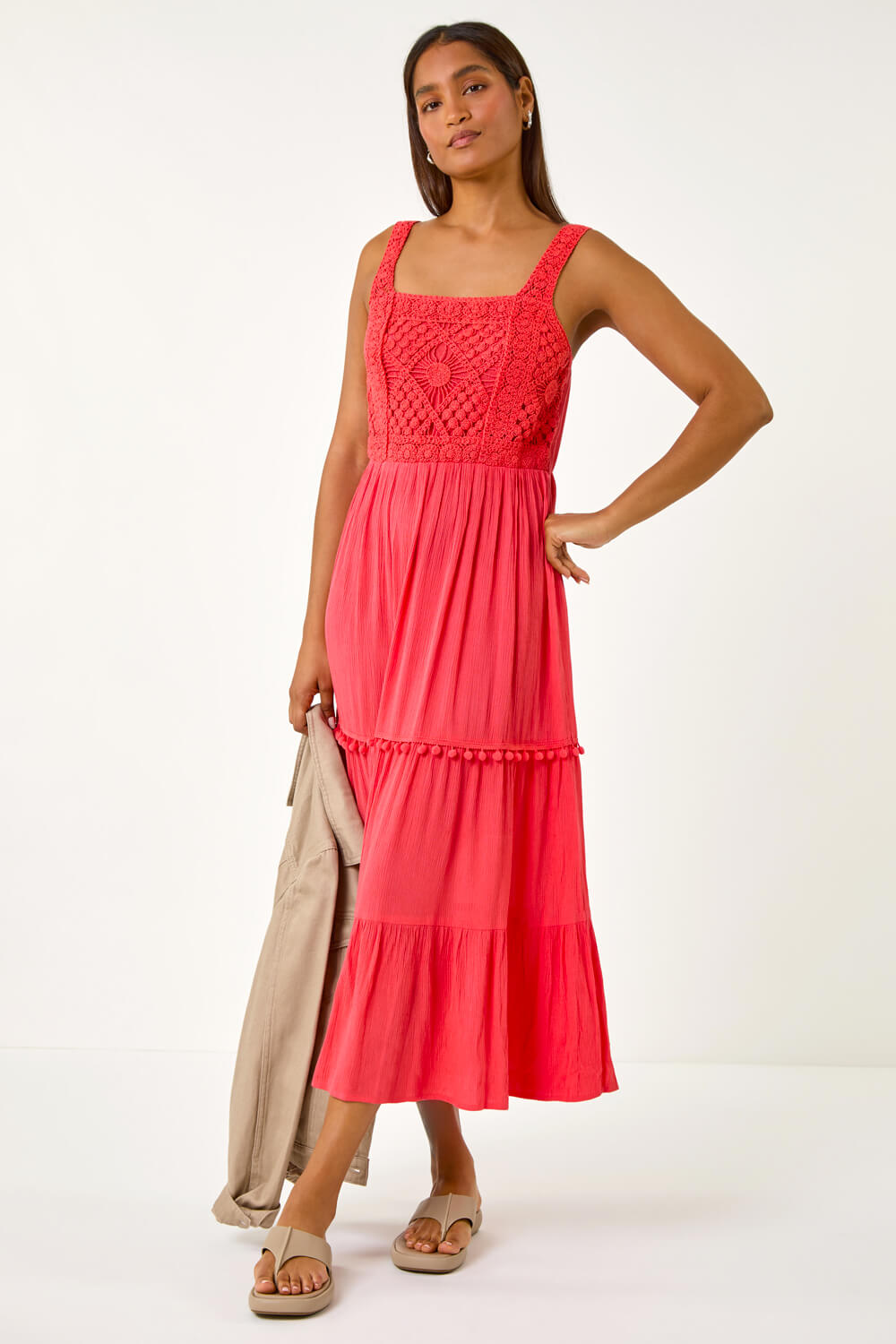 Red Crochet Detail Cotton Blend Maxi Dress | Roman UK