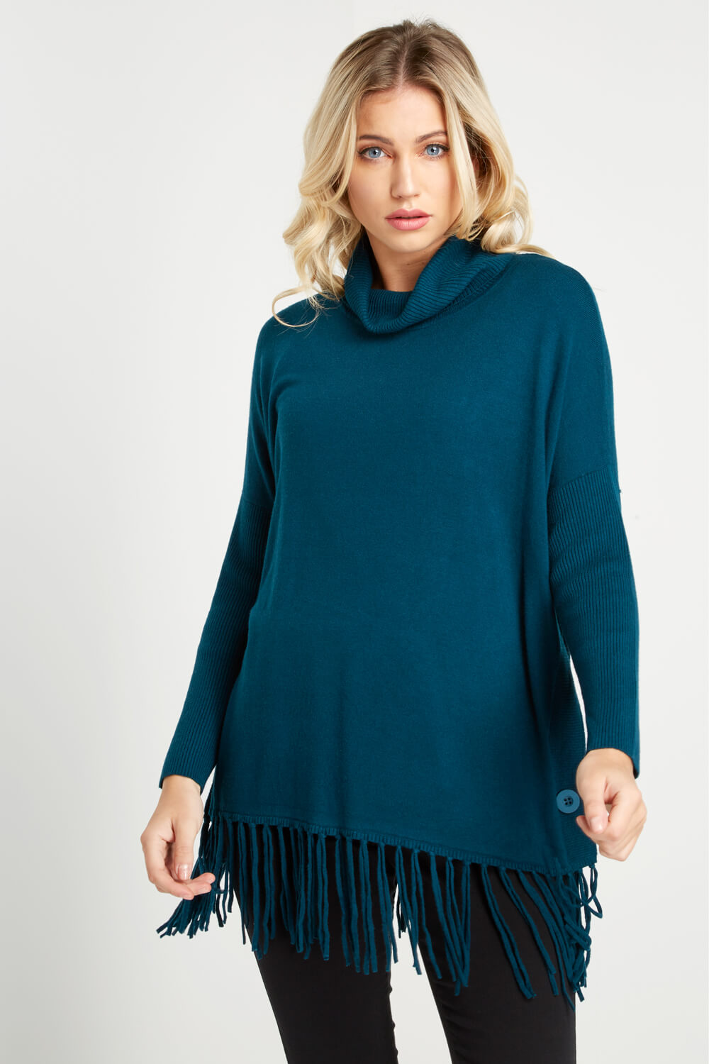 Button Detail Fringe Jumper in Teal - Roman Originals UK