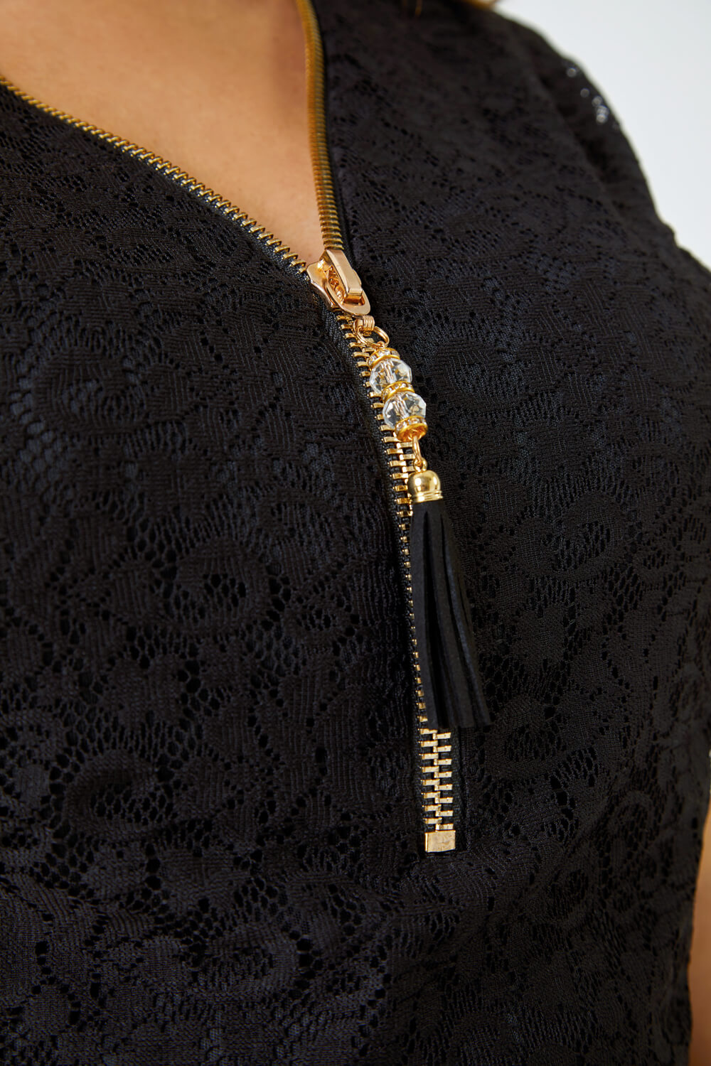 Black Curve Zip Detail Lace Top | Roman UK