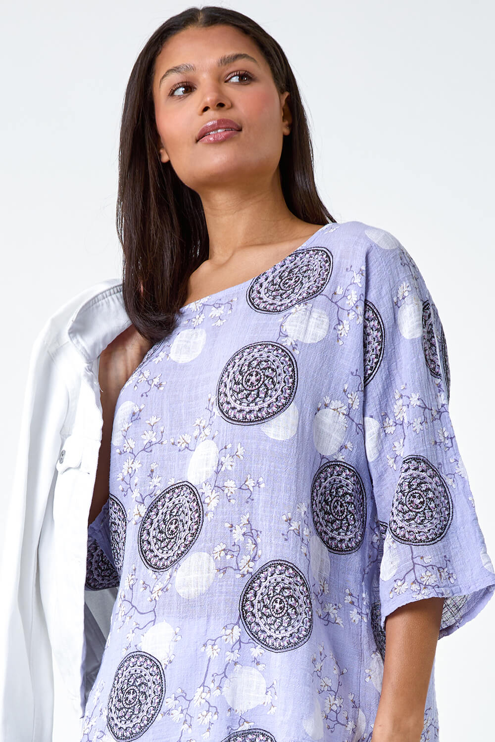 Lilac Floral Embroidered Cotton Tunic Top | Roman UK