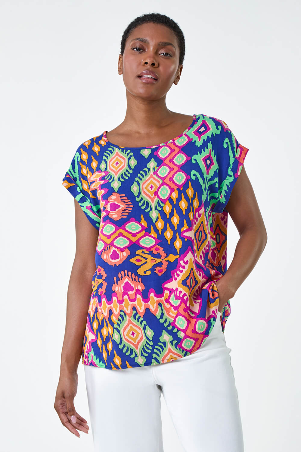 Blue Aztec Print Short Sleeve Top | Roman UK
