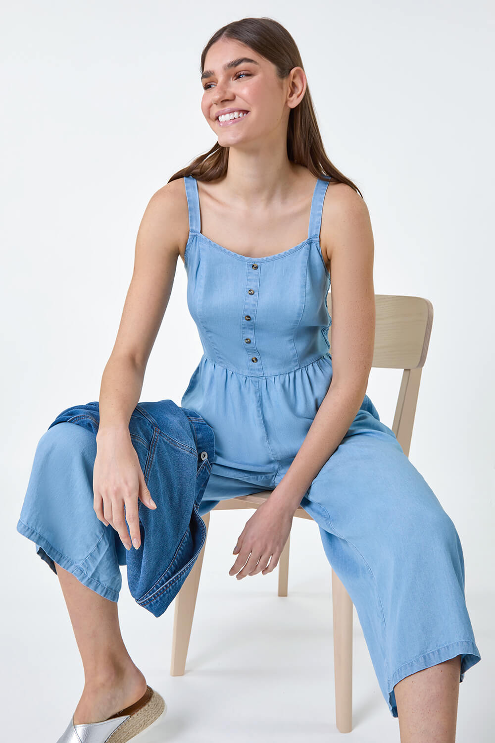 Blue Denim Shirred Back Strappy Jumpsuit | Roman UK