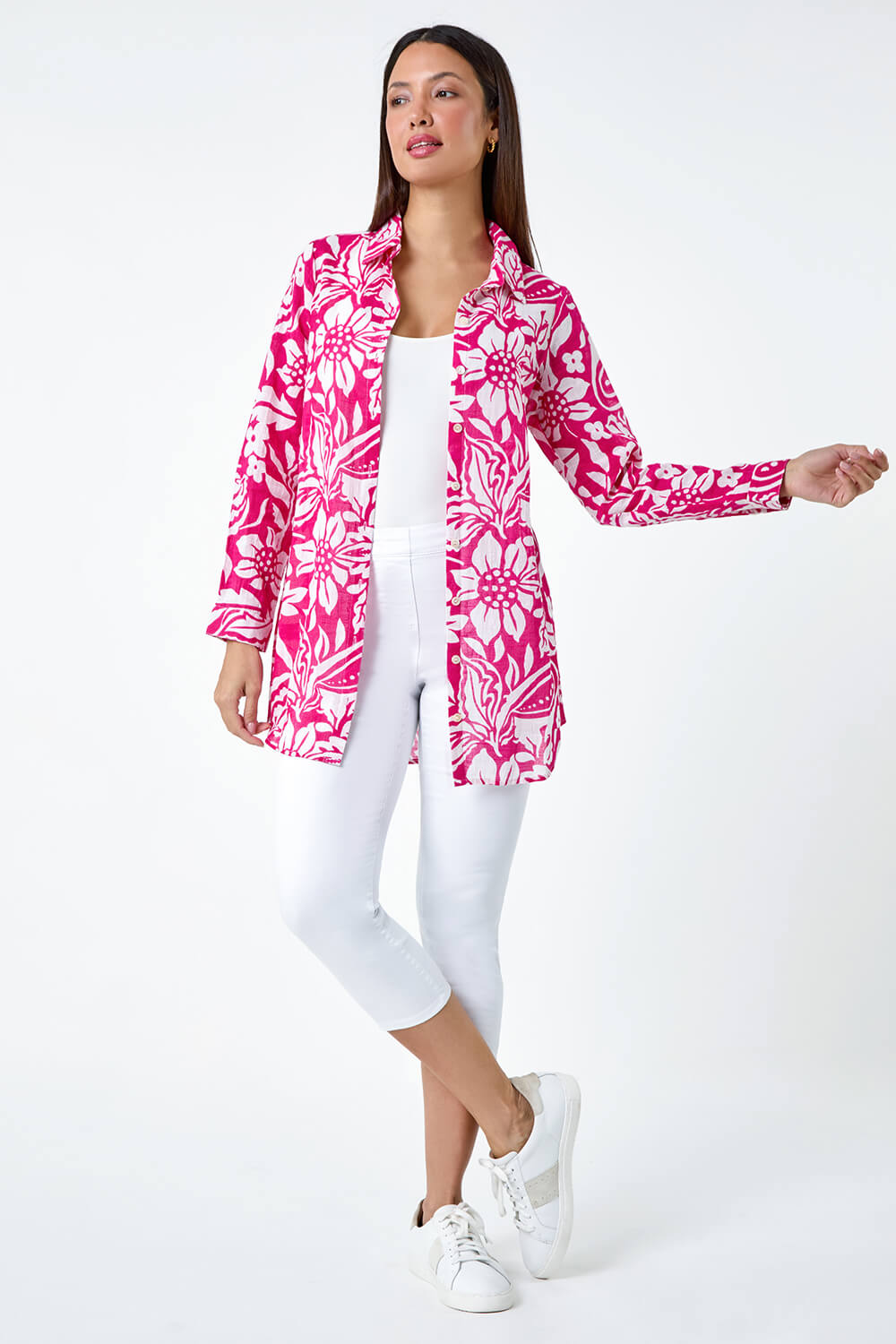 Cerise Floral Print Longline Cotton Shirt | Roman UK