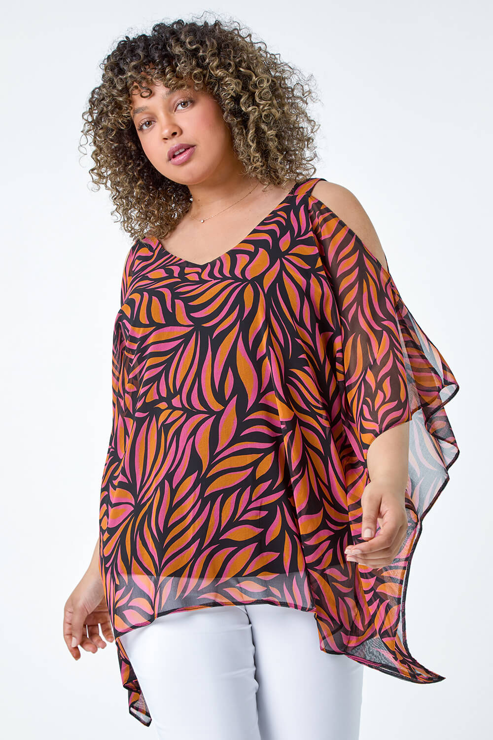 Orange Curve Printed Chiffon Cold Shoulder Top Roman Uk