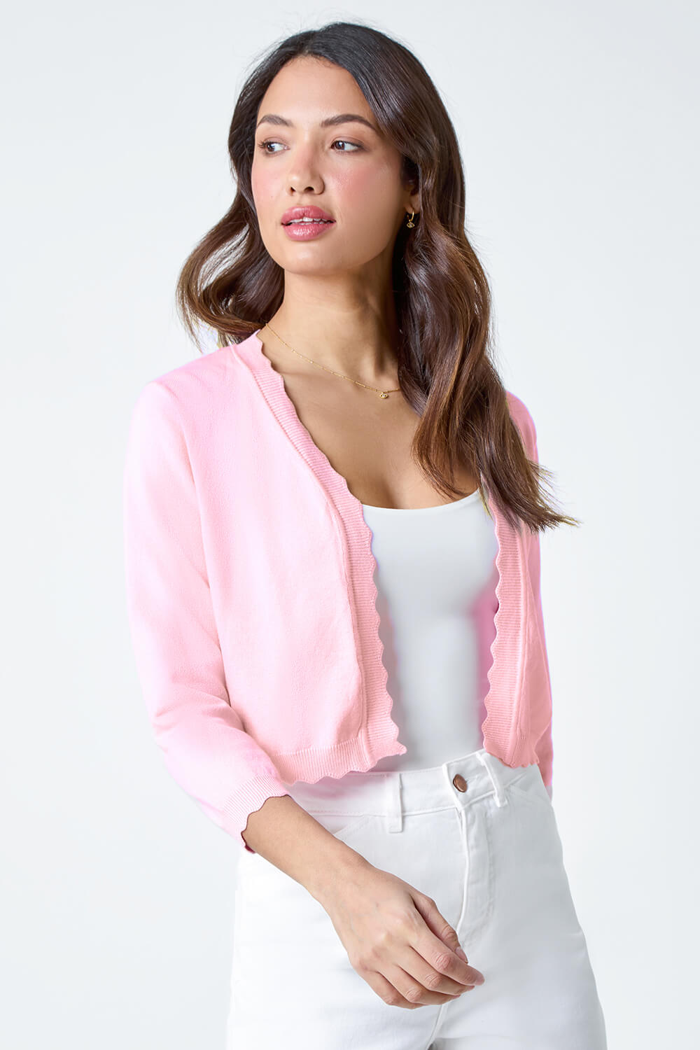 Light Pink Scalloped Edge Stretch Knit Shrug | Roman UK