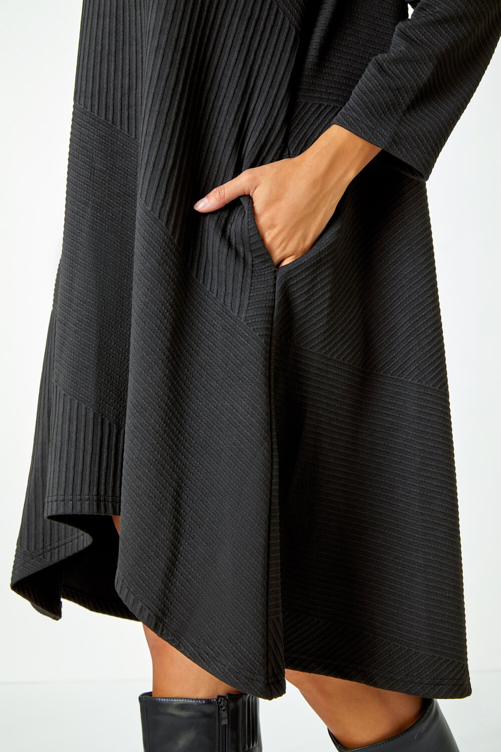 Black Ribbed Asymmetric Stretch Dress | Roman UK