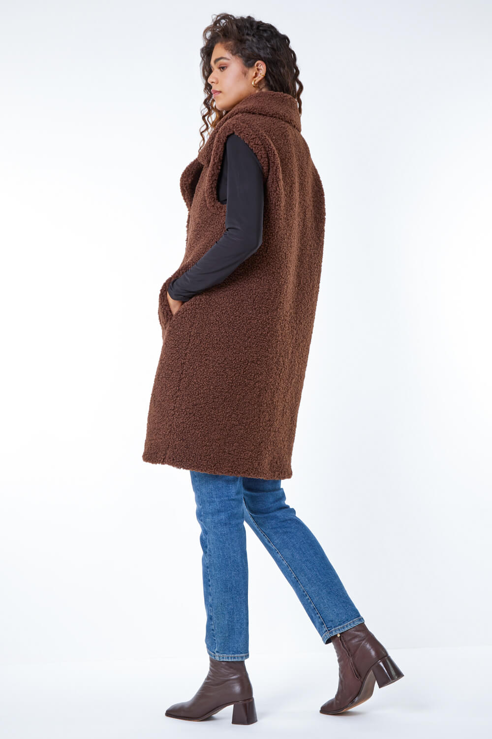 Longline Faux Fur Teddy Gilet in Chocolate - Roman Originals UK